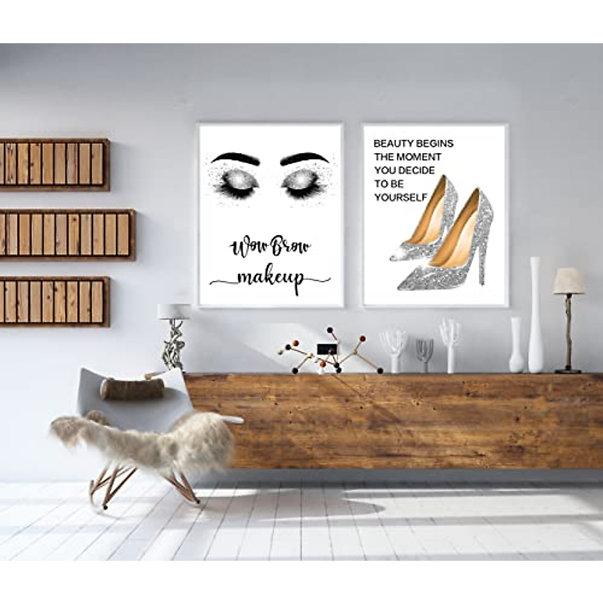 Glam Silver Fashion Wall Decor Girls Room Decor Wall Art Glitter Silver Fashion Lady Perfume Flower Book High Heels Posters Prints Women Bathroom Decor Bedroom Decor(8x10 inch Unframed, Silver)