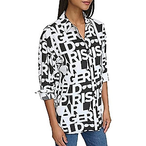 Karl Lagerfeld Paris Women's Logo Oversize Blouse, Black/White Combo