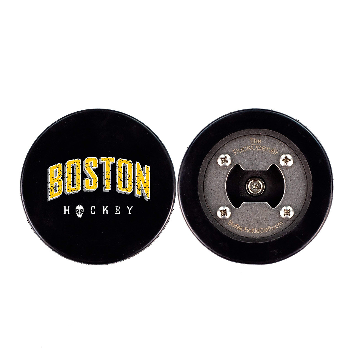 Boston Bottle Opener, Made from a Real Hockey Puck, Cap Catcher Magnet, Drink Coaster, Hockey City Design, The PuckOpener