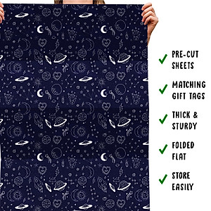 CENTRAL 23 - Navy Gift Wrap - 6 Christmas Wrapping Paper Sheets - Space Planets Stars - Birthday Wrapping Paper - Trendy Gift Wrap for Men Women Boys Girls - Recyclable