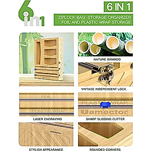 Uamector Bag Storage Organizer for Kitchen Drawer, 100% Natural Bamboo 6 in 1 Bamboo Foil and Plastic Wrap with Cutter, Storage Bag Organizers