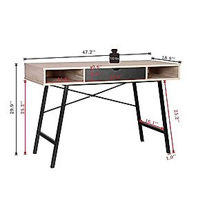 JJS 48" Home Office Writing Desk with Drawers, Modern Computer Study Wooden Desk Table Laptop PC Workstation with Storage, Mid Century Black