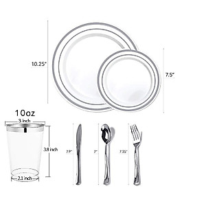 700 Piece Plastic Silver Dinnerware Set - 200 Rim Plates - 300 Silverware - 100 Cups - 100 Linen Like Silver Napkins, 100 Guest Disposable Dinnerware Set