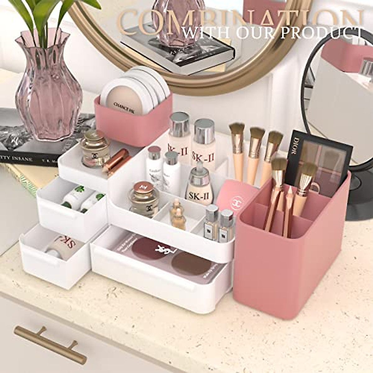 Makeup Organizer with Drawers, Countertop Organizer for Vanity, Bathroom and Bedroom Desk Cosmetics Display Case for Brushes, Lotions, Perfumes, Eyeshadow, Lipstick and Nail Polish, White