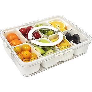 Yuroochii Divided Serving Tray with Handle - Lid & Removable Snack Box 8 Compartment Fruit Container Food Storage Snackle Lunch Organizer Fridge Platter Charcuterie Holder for Travel Candy Party Salad
