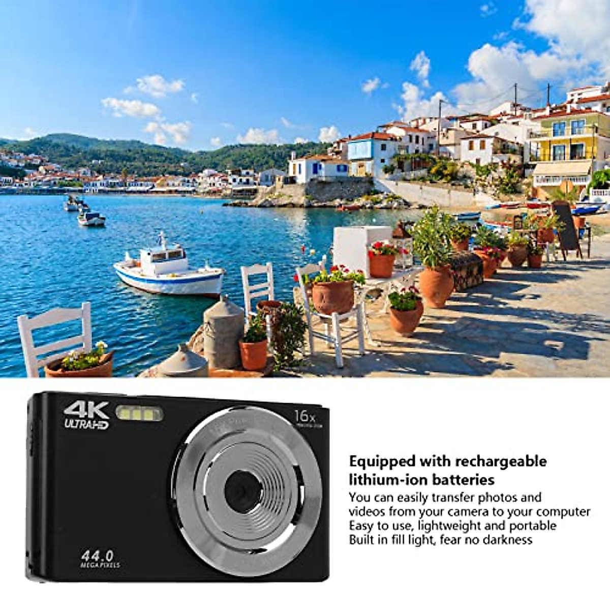 4K Digital Camera, 44MP Video Camera, 16X Digital Zoom Camera with 2.8in Screen, Built in Fill Light Stabilization Compact Portable Camera for Children Beginners (Black)