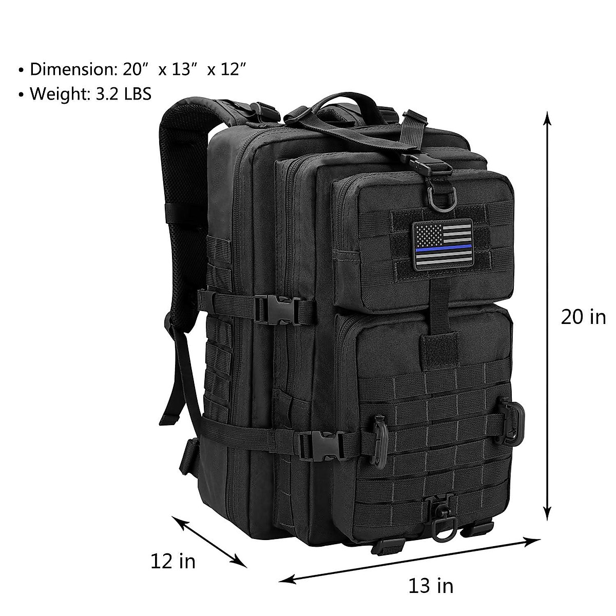 Hannibal Tactical MOLLE Assault Backpack, Tactical Backpack Military Army Camping Rucksack, 3-Day Pack Trip w/USA Flag Patch, D-Rings, Black