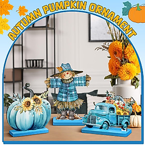 6 Pcs Thanksgiving Wooden Tabletop Decor Hello Fall Pumpkin Gnome Scarecrow Truck Wooden Table Signs Fall Table Decorations Centerpieces for Autumn Harvest Party Supplies(Classic,Blue)