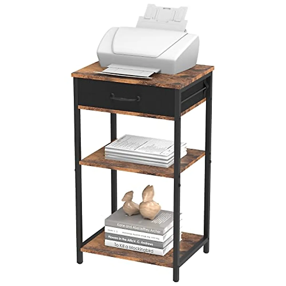 Industrial Printer Stand Rack 3 Tier Printer Table with Storage Printer Shelf with File Drawer Sofa Side Tables Nightstand for Bedroom Machine Stand Holder for Office and Home, Brown
