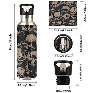 YoCosy Insulated Stainless Steel Water Bottle with Straw 20oz Retro Vintage Skull Skeleton Gothic Sports Water Bottles BPA Free Leakproof Metal Vacuum Flask Jug for Kids Gym Fitness