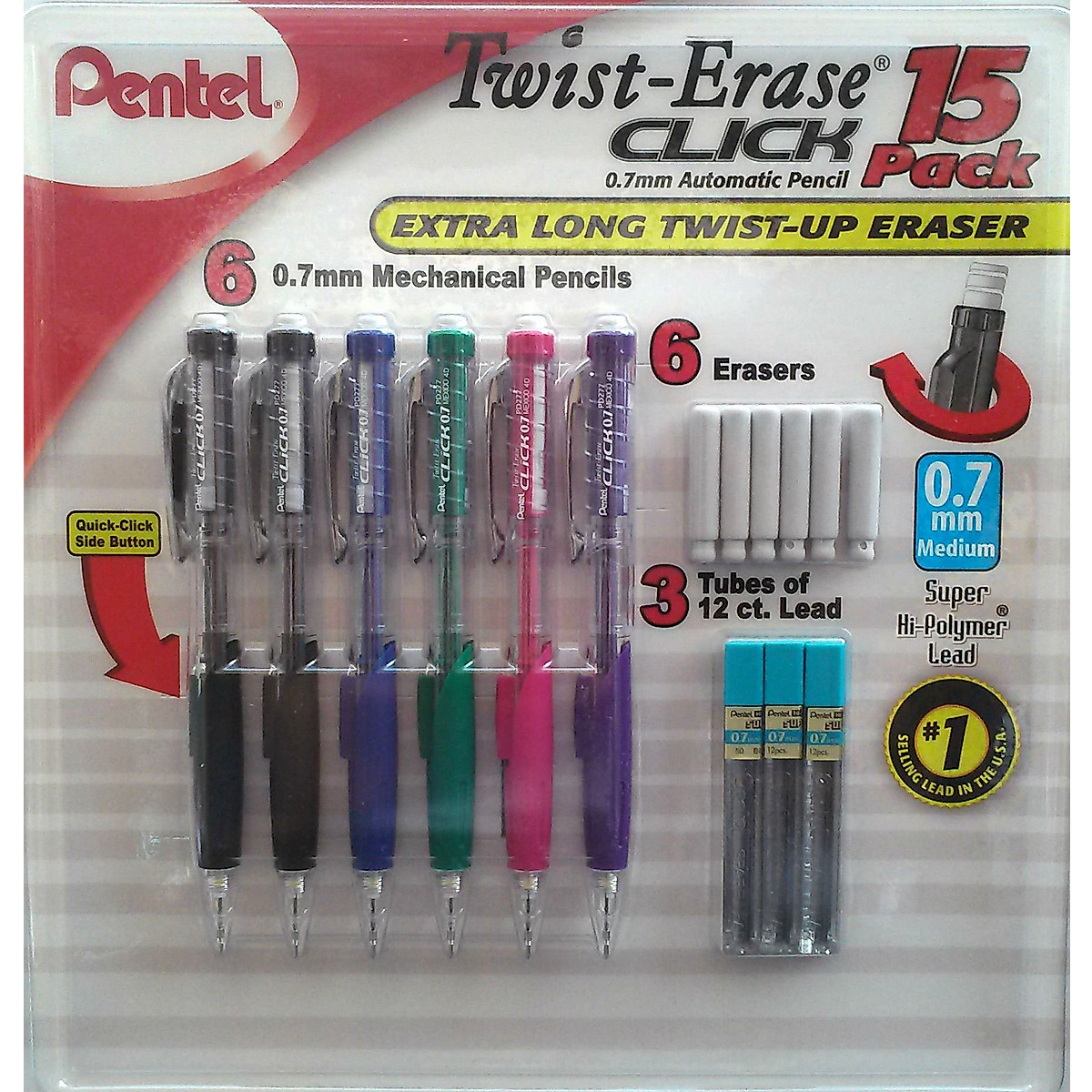 Pentel Twist Erase Click Contains (6) 0.7mm Automatic Pencils, (6) Extra Long Eraser Refills & (3) Tubes of 12 count lead, 1 lb