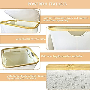 Large Laundry Basket with Lid, Beige 100 L Laundry Hamper with Bamboo Handles, Portable Clothes Hamper for Bathroom, Bedroom, Toy Room, Freestanding Collapsible Laundry Baskets