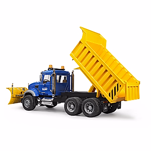 Bruder 02825 Mack Granite Dump Truck with Snow Plow Blade for Construction and Farm Pretend Play with Light & Sound Module