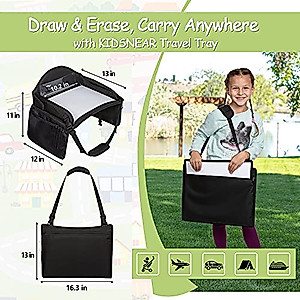 KIDSNEAR Kids Travel Tray, Car Seat Travel Tray, Toddler Travel Tray with iPad & Tablet Holder, Cup Holder, Dry Erase Board (Black)
