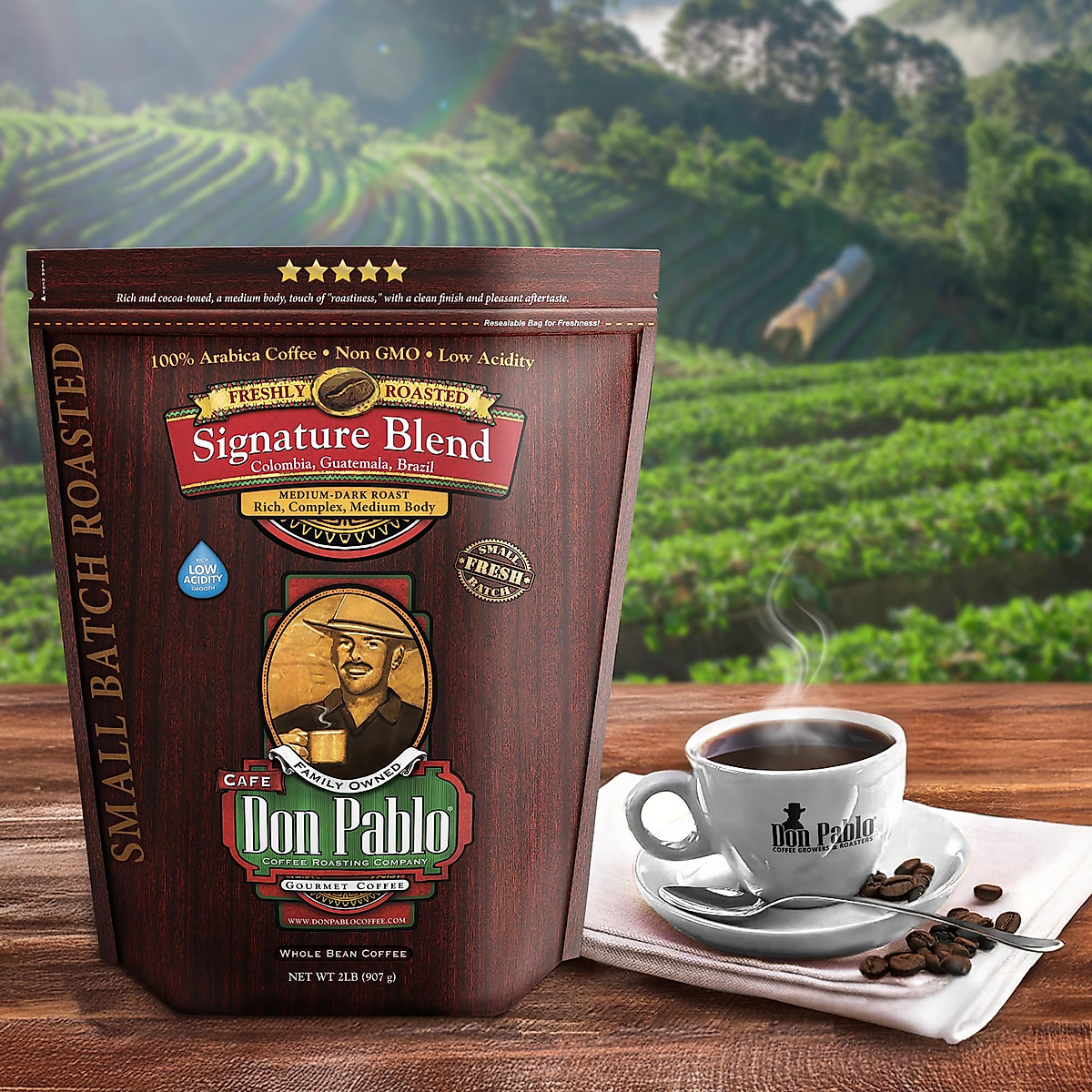 Don Pablo Gourmet Coffee - Signature Blend - Medium Dark Roast - Whole Bean Coffee - 100% Arabica Beans - Low Acidity and Non-GMO - 2lb bag