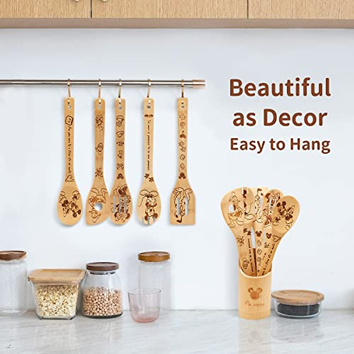 Wooden Spoons for Cooking, Bamboo Cooking Kitchen Utensils Set, Housewarming Birthday Anniversary Present for Friend (6PCS)