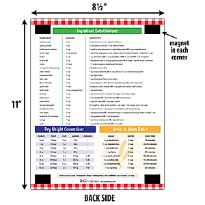 Cooking Conversion Chart Kitchen Magnet - Liquid, Dry Weight, Oven Temperature Conversions - Food, Meat Internal Temperature Guide - Ingredient Substitutions - Grain to Water Ratios - 8.5 x 11 in.