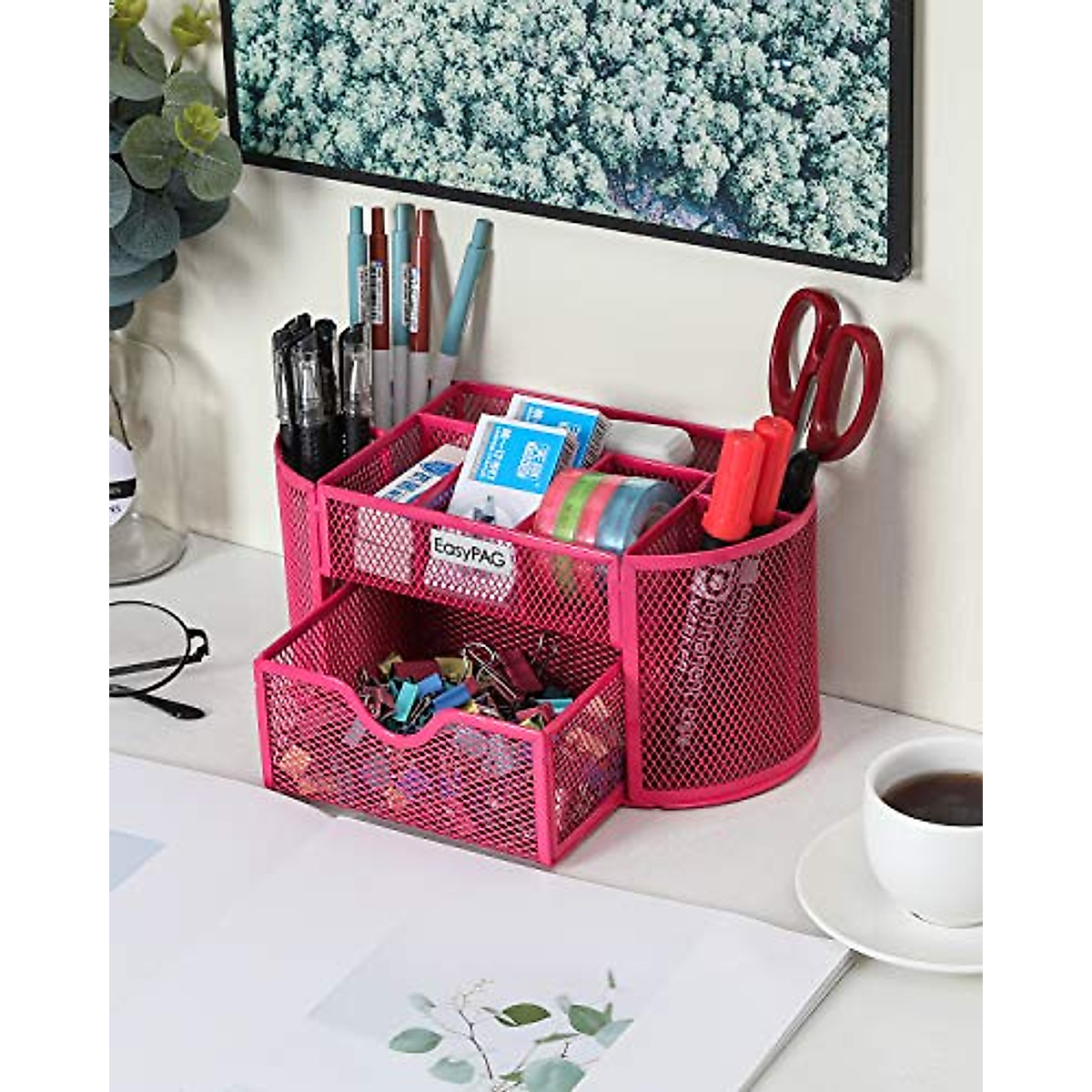 EasyPAG Desk Organizer Mesh Desktop Office Supplies Multi-functional Caddy Pen Holder Stationery with Drawer,Pink