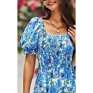 PRETTYGARDEN Women's Summer Puff Sleeve Floral Maxi Dress Square Neck Smocked Boho Flowy A Line Casual Beach Long Dresses (Big Floral White and Blue,Large)