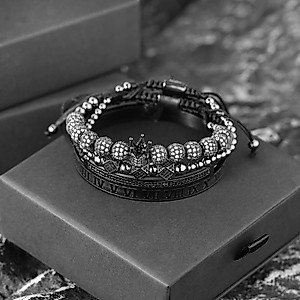 MollyQueen Imperial Crown King 18K Gold CZ Beads Bracelets Luxury Charm Fashion Bangle Royal Stacked Bracelet Set for Men Women With Luxury Box (00-4PCS Black)