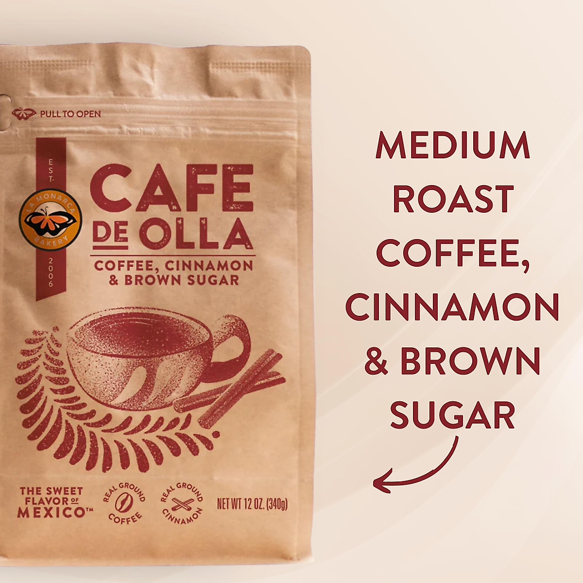 Café De Olla Ground Coffee, 12 Ounce, Cinnamon and Brown Sugar Spiced Mexican Dark Roast Coffee by La Monarca Bakery