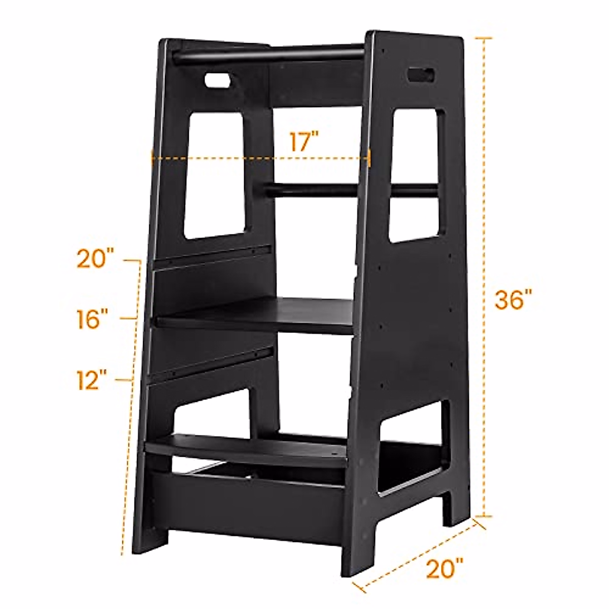 LUSIMO Toddler Step Stool Nursery Standing Tower Wooden Kids Step Stool with Safety Rail Height Adjustable Toddler Learning Tower with Anti-Slip Protection Support Up to 165lbs Black
