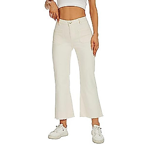 DECIVI Women Straight Leg Capris Jeans Mid Rise Cropped Pants Stretchy Ankle Length with Pockets White