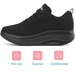 RUIDENG Sneakers for Women Cushion | Women Shoes for Work Whole Day Standing | 2 Inch Rocker Bottom All Black Size 7