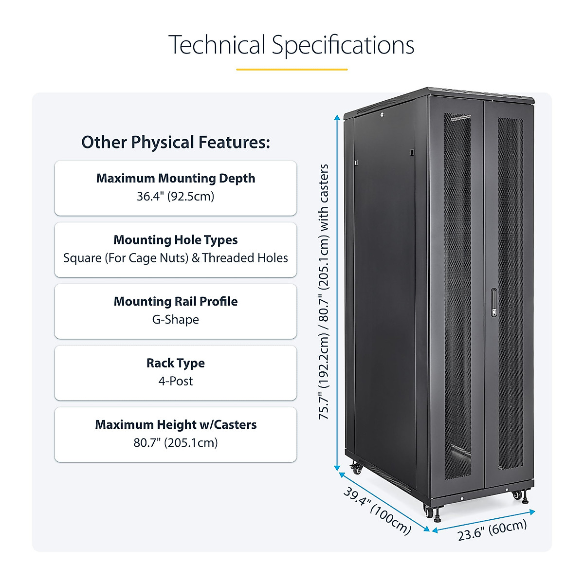 StarTech.com 4-Post 42U Server Rack Cabinet, 19" Data Rack Cabinet for IT Equipment Mount, Full Size Network Cabinet Storage
