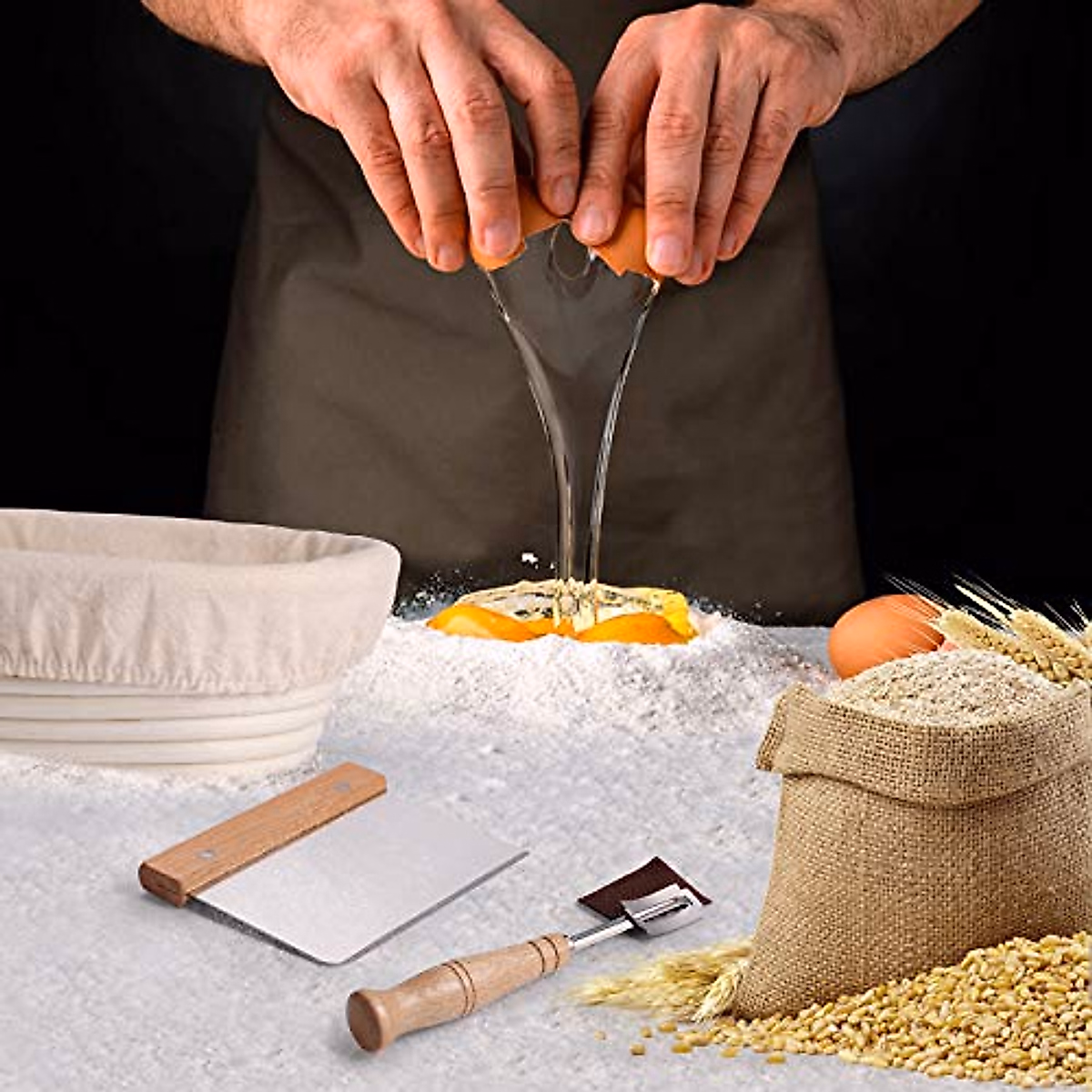 Bread Proofing Basket Set 9.6 Inch Oval and 10 Inch Round Natural Rattan Proofing Baskets with Bread Lame and Dough Scraper and Linen Liner Bread Making Tools for Professional and Home Bakers