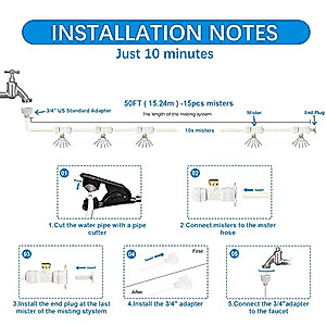 Misters for Outside Patio,Misting System for Cooling Outdoor,50Ft (15M),Water Mist Hose DIY Kit for Porch,Canopy,Deck,Umbrella,Garden,Greenhouse,Yard,Plants,Trampoline Sprinkler Accessories for Kids