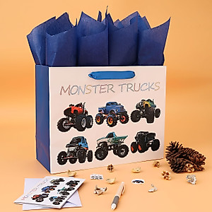 13" Large Truck-themed Gift Bags Set with Greeting Card and Tissue Paper (Monster Trucks Design) for boys, Kids Birthday Party,Baby boy,Baby Shower,Newborn,New Moms or Parents -13”x5.2”x10.2”, 1 Pcs