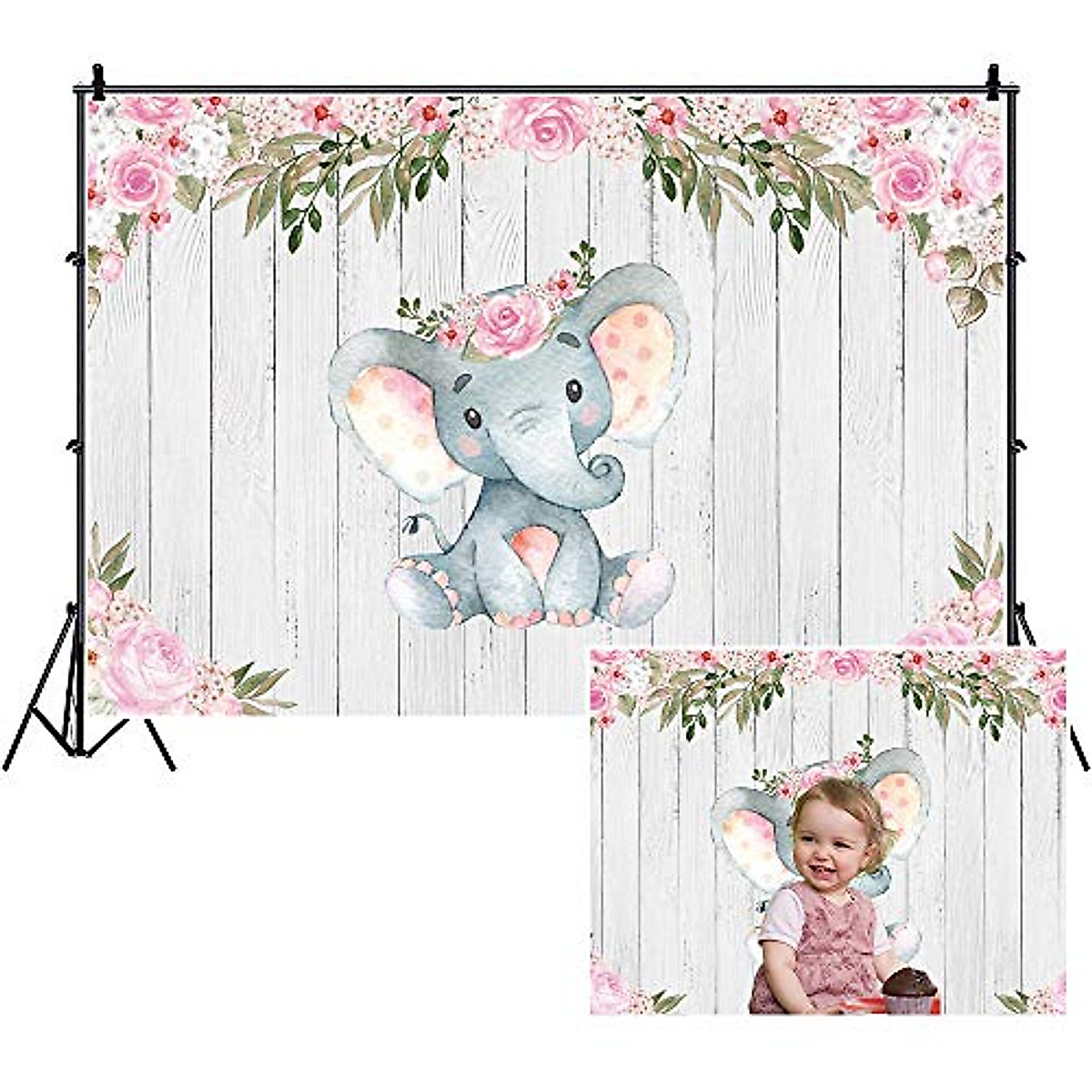 Floral Elephant Backdrop for Baby Shower,Yeele 7x5ft Party Pink Flower Wood It's a Girl Banner Birthday Photography Background Cake Table Decoration Photo Booth Studio Props Favors Supplies