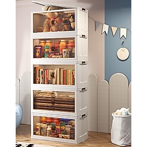 YENFZIX 32Gal Lidded Home Storage Bins - Collapsible, 32Gal Clear Cream Wardrobe Closet Organizer, Stackable Toy Storage, Foldable Plastic Storage Container with Door. - 32 Gallon (5Pack 32Gal)