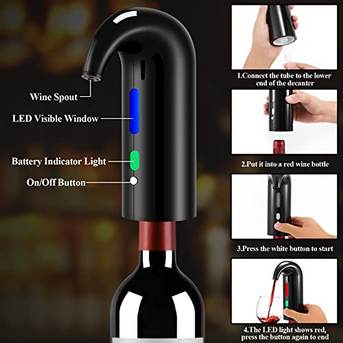 Valentines Wine Gift Set with Electric Wine Bottle Opener, Electric Aerator and Pourer, Reusable Vacuum Stopper, Foil Cutter and EVA Storage Bag, Rechargeable and Automatic (Black)