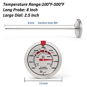 Oven Thermometers and Candy Thermometer with 8” Probe Waterproof dial, no Battery Required, Fast Instant Read Large 2.5" dial, …