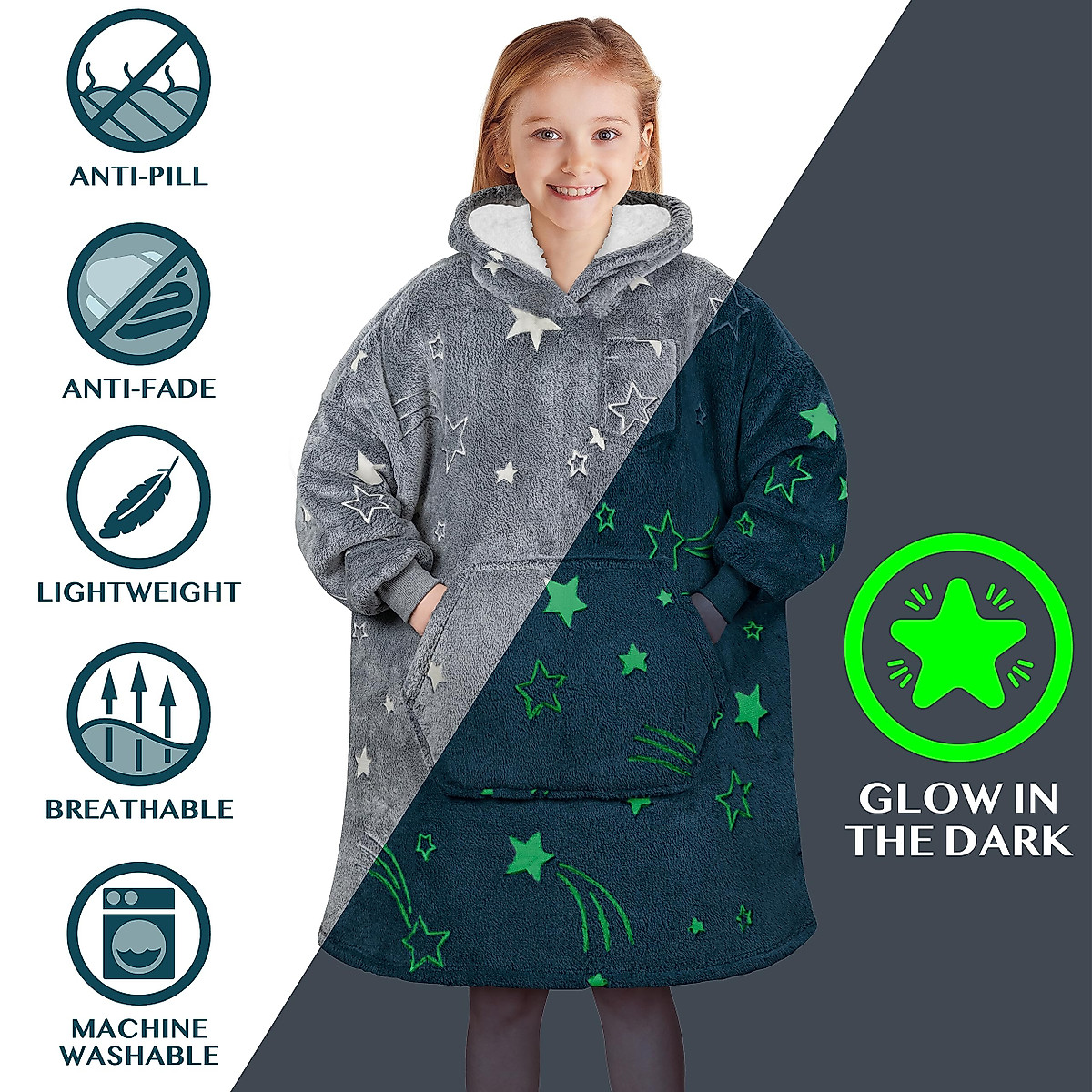 PAVILIA Wearable Blanket Sweatshirt for Kids Boy Girl Glow in The Dark Star, Warm Cozy Giant Blanket Hoodie, Fleece Sherpa Oversized Blanket Sweatshirt with Sleeves, Big Pocket