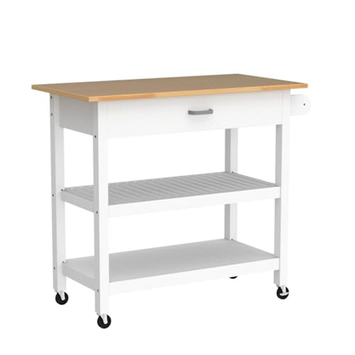 Unovivy Kitchen Island on Wheels, 3 Tier Kitchen Cart with Storage Drawer, 2 Shelves & Towel Rack, Rolling Kitchen Island with Wood Tabletop, Simple Design Mobile Island Table for Kitchen, White