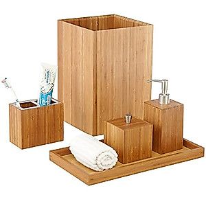 Seville Classics Bamboo Wood Bathroom Vanity Organizer Set with Soap Dispenser & Tooth Brush Trash Bin, Cotton Ball & Q-Tip Holder, Towel Tray, 5 Piece