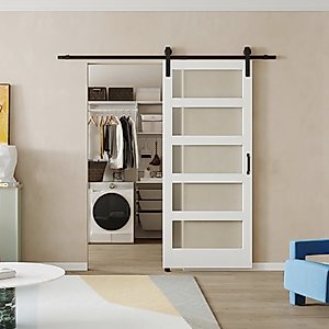 BARNER HOME 36in x 84in Sliding Barn Door, MDF, Primed, 5 Glass Panel,Need to Assemble, with 6.6ft Hardware, Handle and Floor Guide