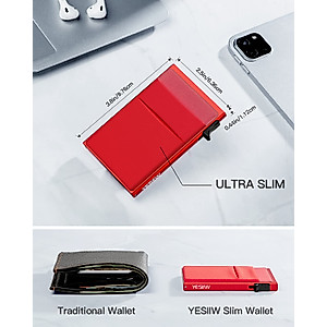 YESIIW Pop up Slim Card Holder RFID Blocking with Money Pocket Minimalist Card Wallet for Women and Men Aluminum Metal Credit Card Case for Cards and Notes and Coins Red