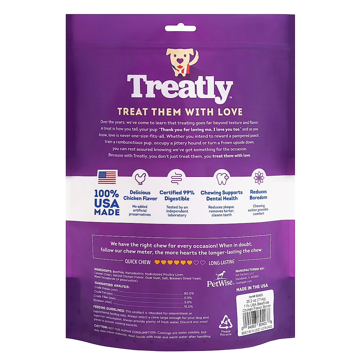 Treatly USA Beefhide Bones 7-8" Dog Chew Treats - Chicken Flavor, 7 Count/1 Pack