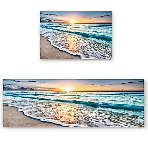 SODIKA Anti Fatigue Kitchen Rug Comfort Floor Non Slip Kitchen Mats and Rugs for Floor Home, Office, Sink, Laundry - Ocean Theme Sand Beach Wave Sea Water Pattern (15.7"x23.6"+15.7"x47.2" inches)