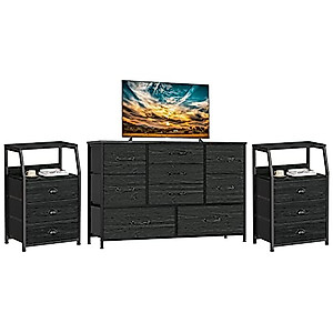 Furnulem Wide Dresser, Small Nightstand with 3 Fabric Storage Drawers and 2-Tier Shelf, End Table Side Furniture for Closet, Hallway, Nursery, Sturdy Steel Frame, Wood Top (Black Oak)