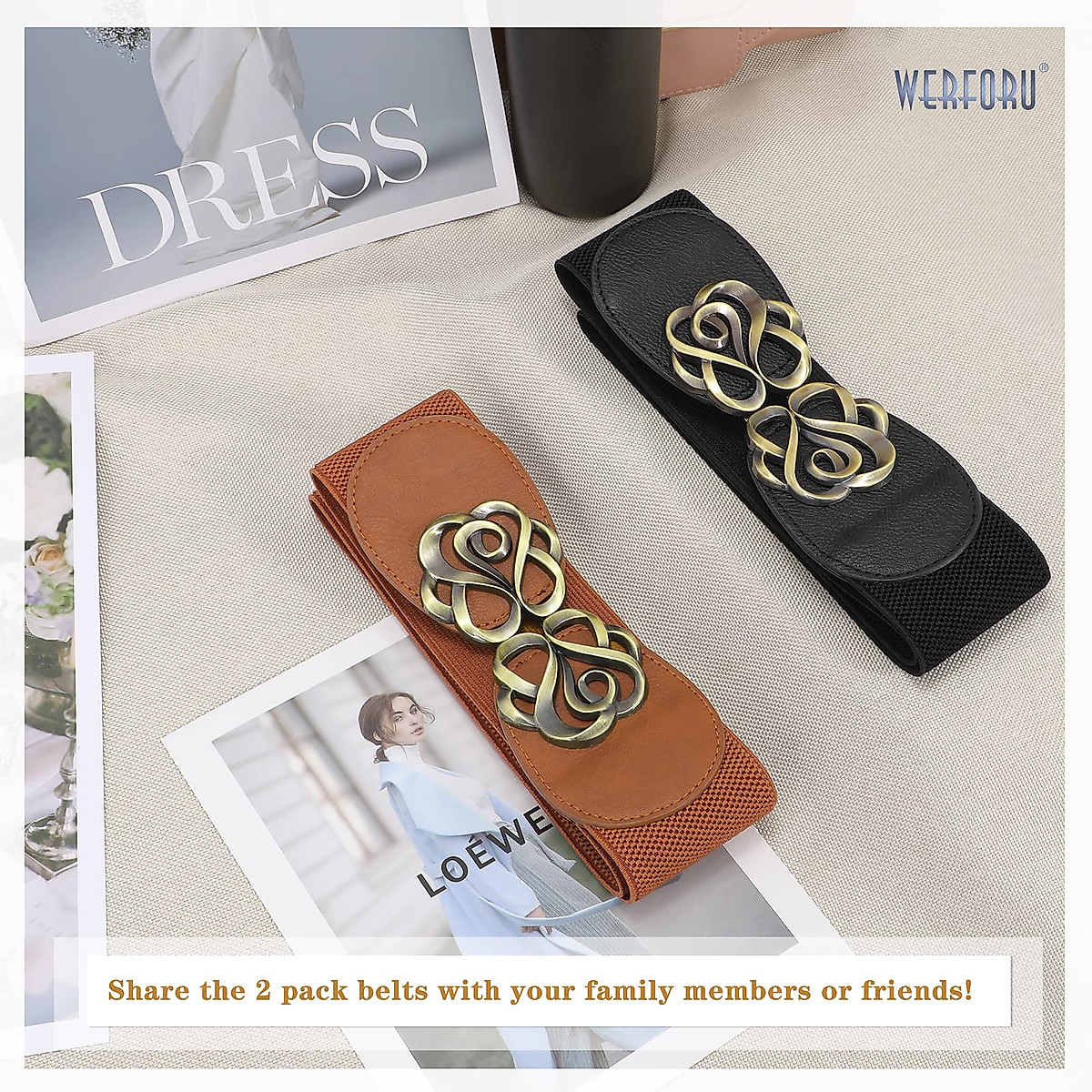 WERFORU 2 Piece Women Elastic Stretchy Wide Belt for Dress Ladies Stretch Thick Waist Belt, Black+Brown, Fit Waist Size 28"-35"