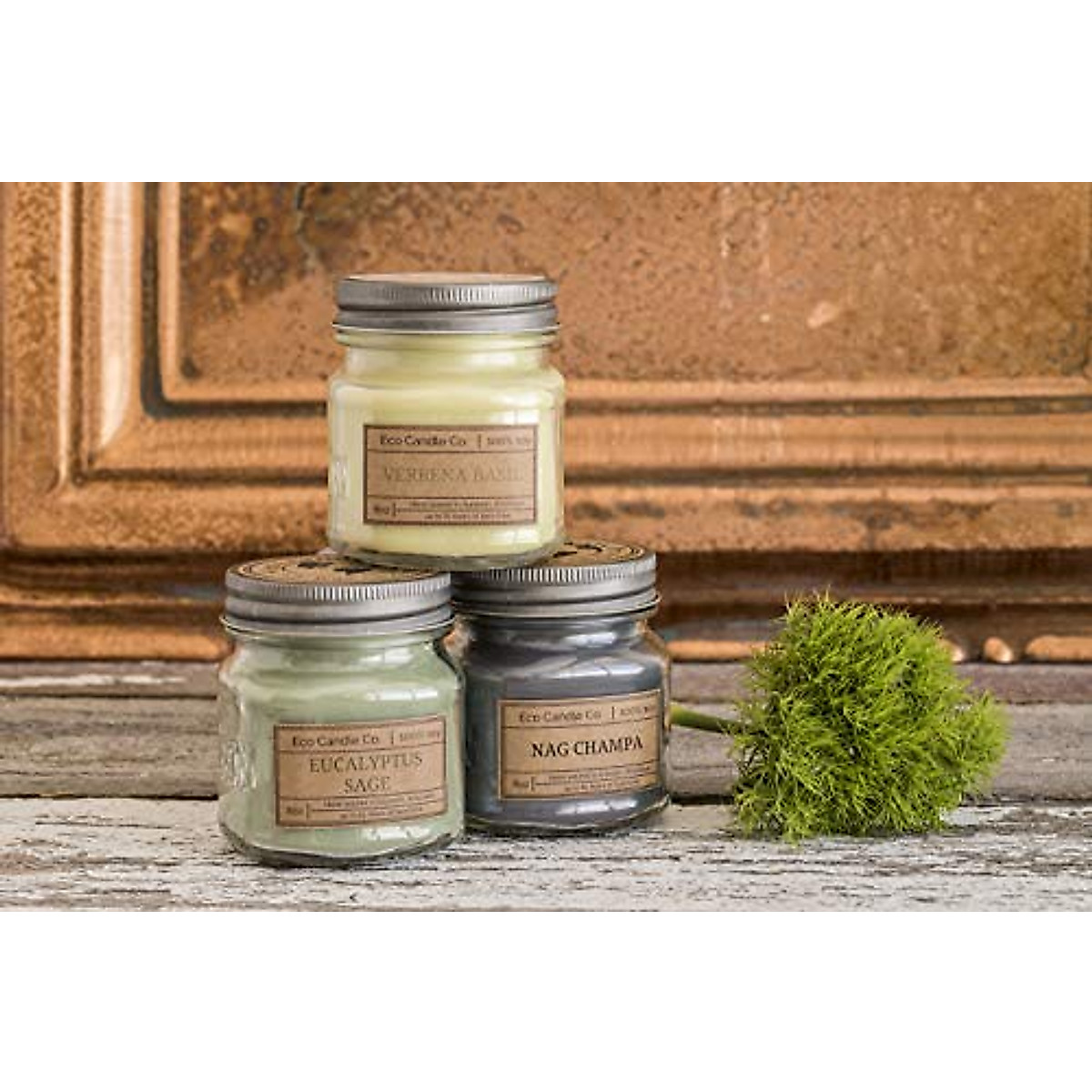 Eco Candle Co. Mason Jar Candle, Citrus Squeeze, 8 oz. - Scents of Orange, Tangerine, Grapefruit, Lemon, & Lime - 100% Soy Wax, No Lead, Kraft Label & Antiqued Pewter Lid, Hand Made, Midwest Soybeans