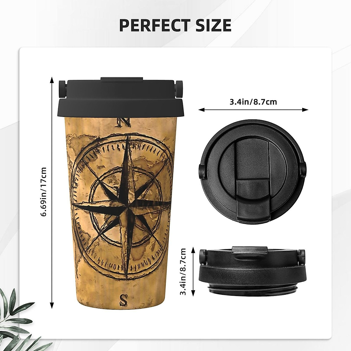 Vintage Ancient Old World Map Compass 16oz Stainless Steel Travel Mug - Spill Proof Lid, Keeps Hot & Cold For Hours - Coffee Mug