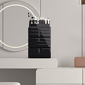 READAEER Makeup Cosmetic Organizer Storage Drawers Display Boxes Case with 12 Drawers (Black)