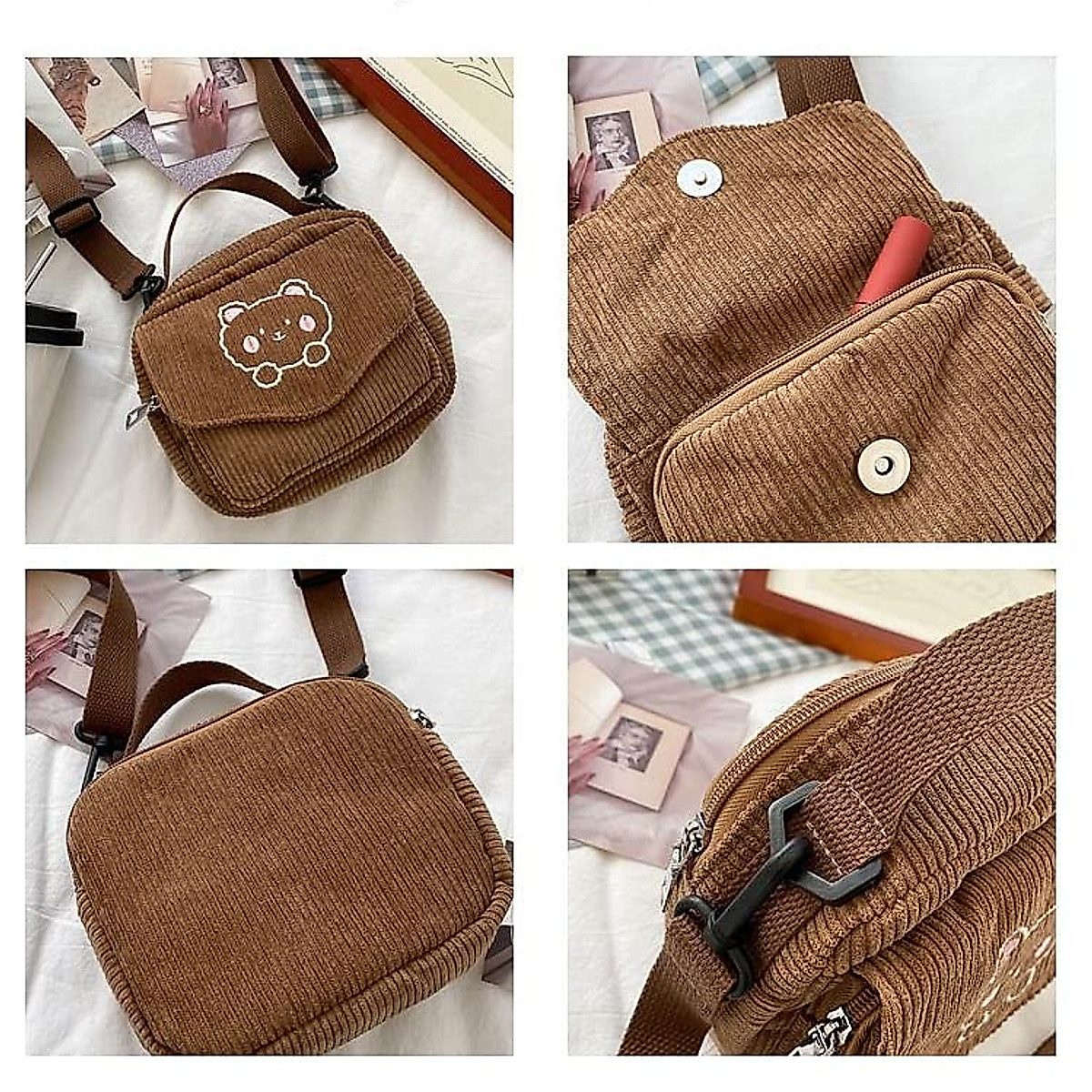 AWXZOM small cute Corduroy Crossbody bag min Kawaii Purse Crossbody Bag small Kawaii Wallet small Kawaii Crossbody Bag (brown)