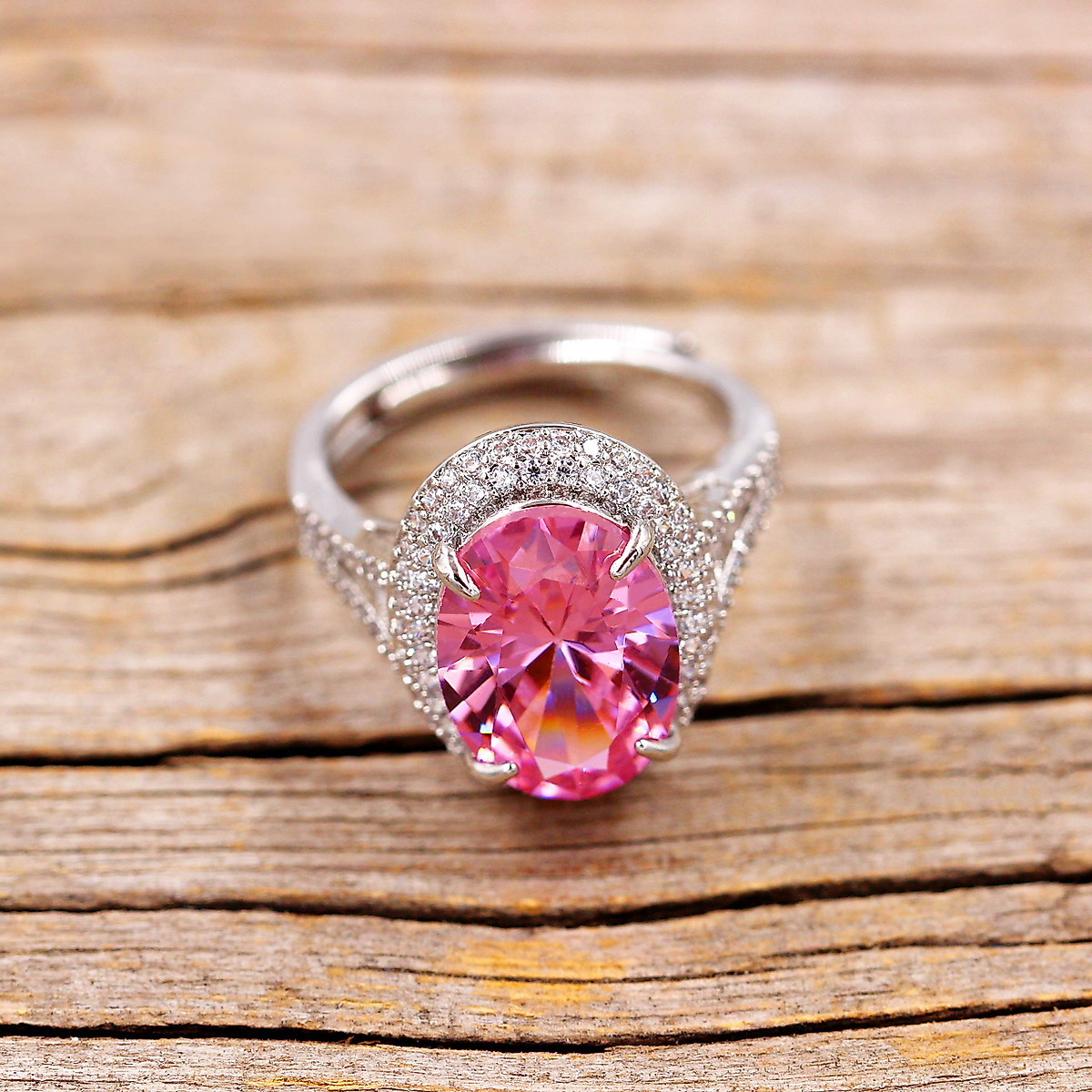 Uloveido Adjustable Platinum Plated Big Zircon Ring, Oval Stone Ring, Crystal Split Shank Ring Birthstone Jewelry Gifts for friend Y927-Pink